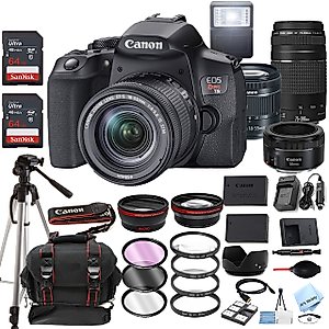 Canon EOS Rebel T8i DSLR Camera w/EF-S 18-55mm F/4-5.6 is STM Zoom Lens + 75-300mm F/4-5.6 III Lens + EF 50mm f/1.8 STM Lens + 128GB Memory + Case + Tripod + Filters (40pc Bundle)