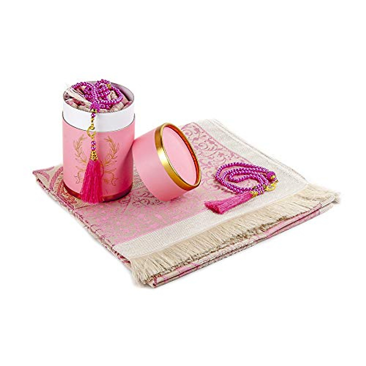 Muslim Prayer Rug and Prayer Beads with Elegant Cylinder Gift Box | Janamaz | Sajadah | Soft Islamic Prayer Rug | Islamic Gifts Set | Prayer Carpet Mat, Taffeta Fabric, Pink
