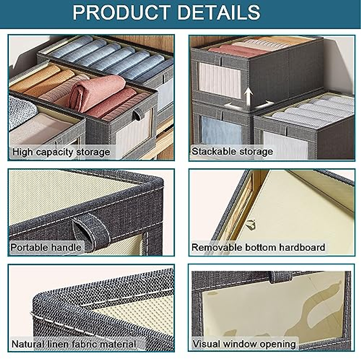 CSKB 4 pcs Closet Storage Bins, Large Fabric Storage Box, Visible Storage Baskets for Closet with PP Board, Foldable Storage Baskets for Organizing Clothing, Jeans, Toys (Medium & Large)