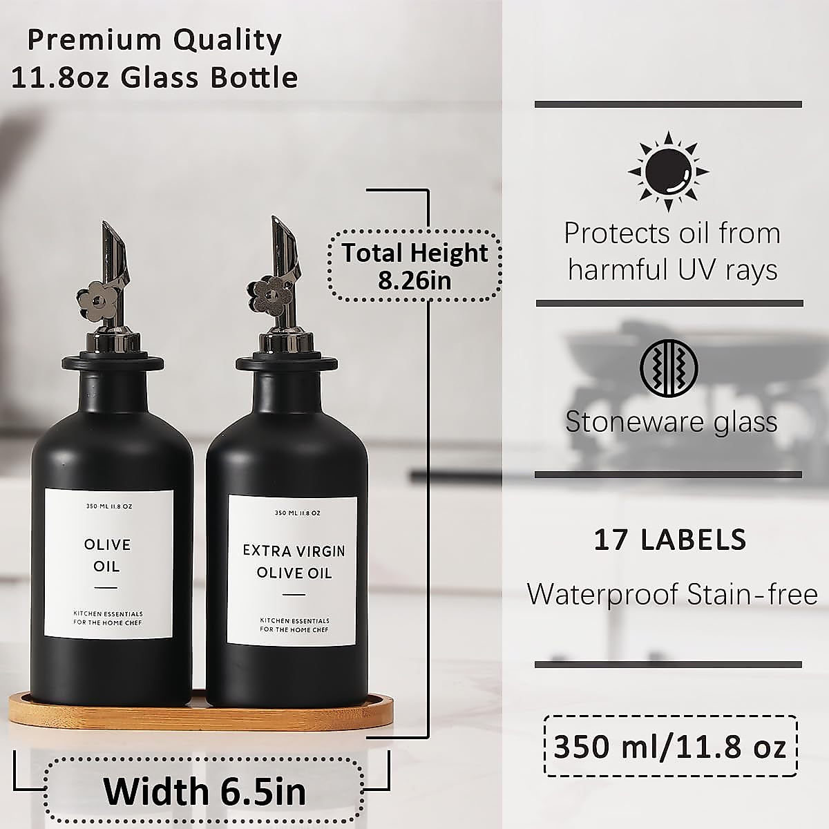 HOMCDALY Olive Oil Dispenser for Kitchen, Glass Oil Dispenser Bottle, Black Oil and Vinegar Dispenser Set, Oil Bottles, Cooking Oil Dispenser, Oil Container, Oil Cruet| Set of 2 (11.8oz – Black)