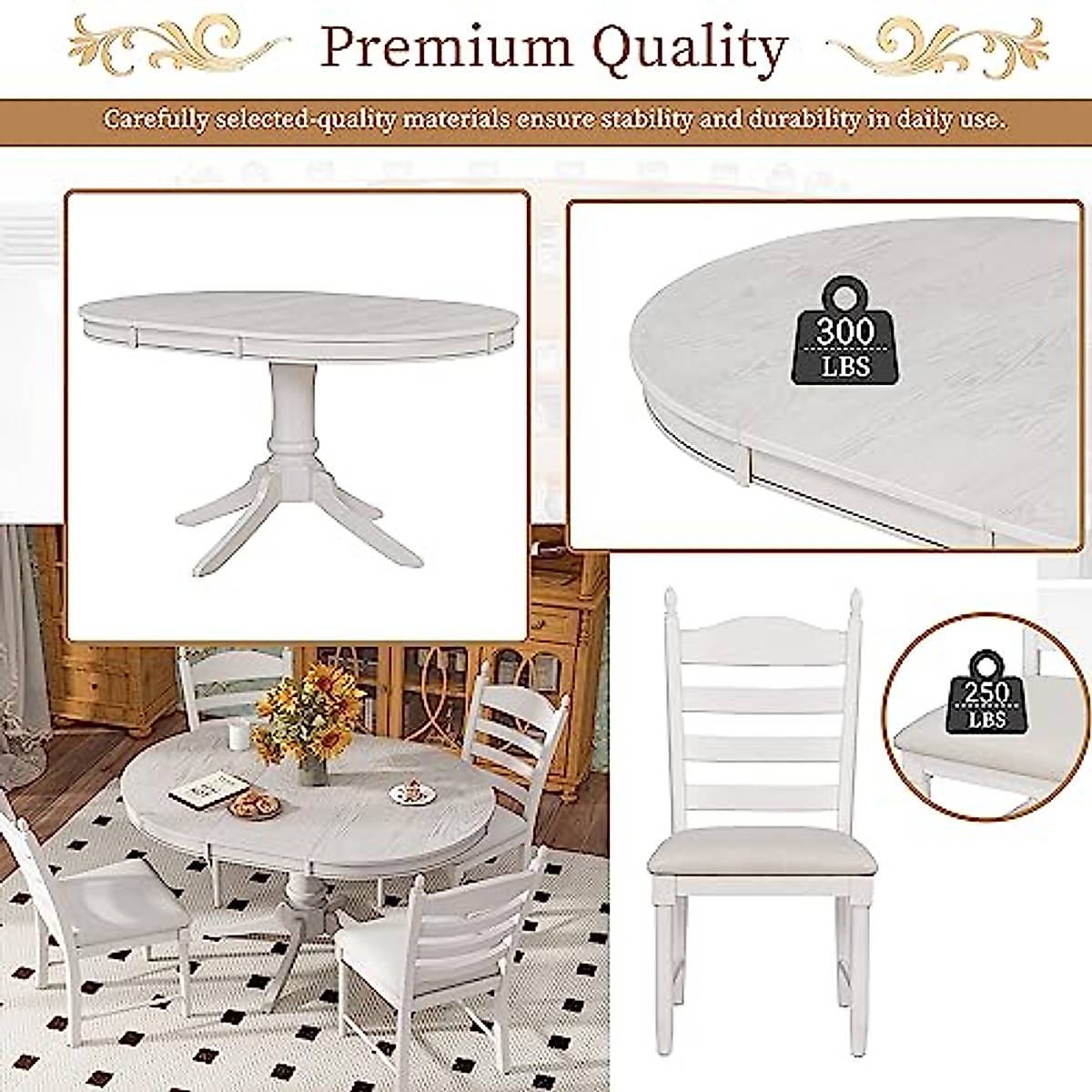 FIQHOME Set, 5-Piece Retro Functional, Wood Round Extendable Table and 4 Upholstered Chairs for Kitchen, Dining Room, Farmhouse,Antique White