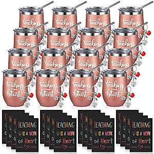 Didaey 48 Pcs Teacher Appreciation Gift Bulk Thank You Teacher Gift for Women 12 oz Wine Tumbler Coffee Mug with Straw Lid Mini Notepad Keychain for Teacher Appreciation Retirement Gifts(Rose Gold)