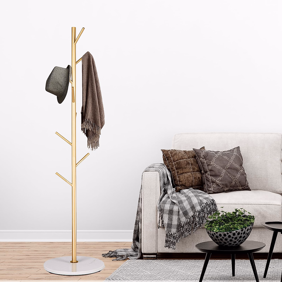 Snaikor Metal Coat Rack with Natural Marble Base, Modern Coat Rack Freestanding, Sturdy Coat Tree Stand, Golden Hall Tree for Jacket Hat Bag Entryway