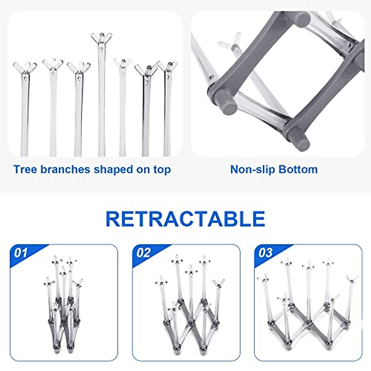 Maxcocola Retractable Cup Drying Rack with 6PCS Coasters, Retractable Drying Rack and Bottle Drying Rack, Plastic Bag Drying Rack and Mug Tree with Antiskid Bottom for Countertop(Gray)