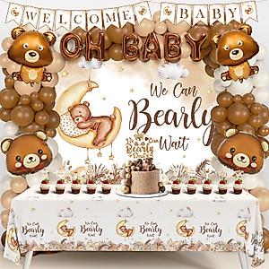 We Can Bearly Wait Baby Shower Decorations, Neutral Teddy Bear Baby Shower with Baby Shower Backdrop Tablecloth Cake Topper Balloon Garland Kit for Cute Bear Gender Reveal Decor