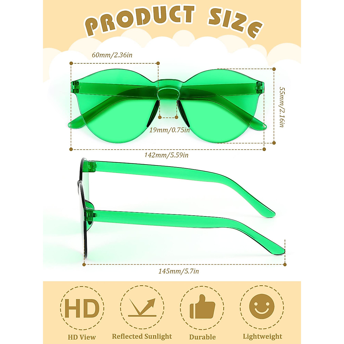 Hoteam 24 Pairs Rimless Round Sunglasses Bulk Tinted Party Sunglasses Transparent Candy Color Eyewear for Women Men Party (Green)
