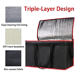 Bodaon Insulated Food Delivery Bag for Hot and Cold Meal, XXX-Large, Grocery Tote Insulation Bag for Catering, Pizza Warmer, Insulated Grocery Bags, Cooler Bag, Black with Red Edge, 1-Pack