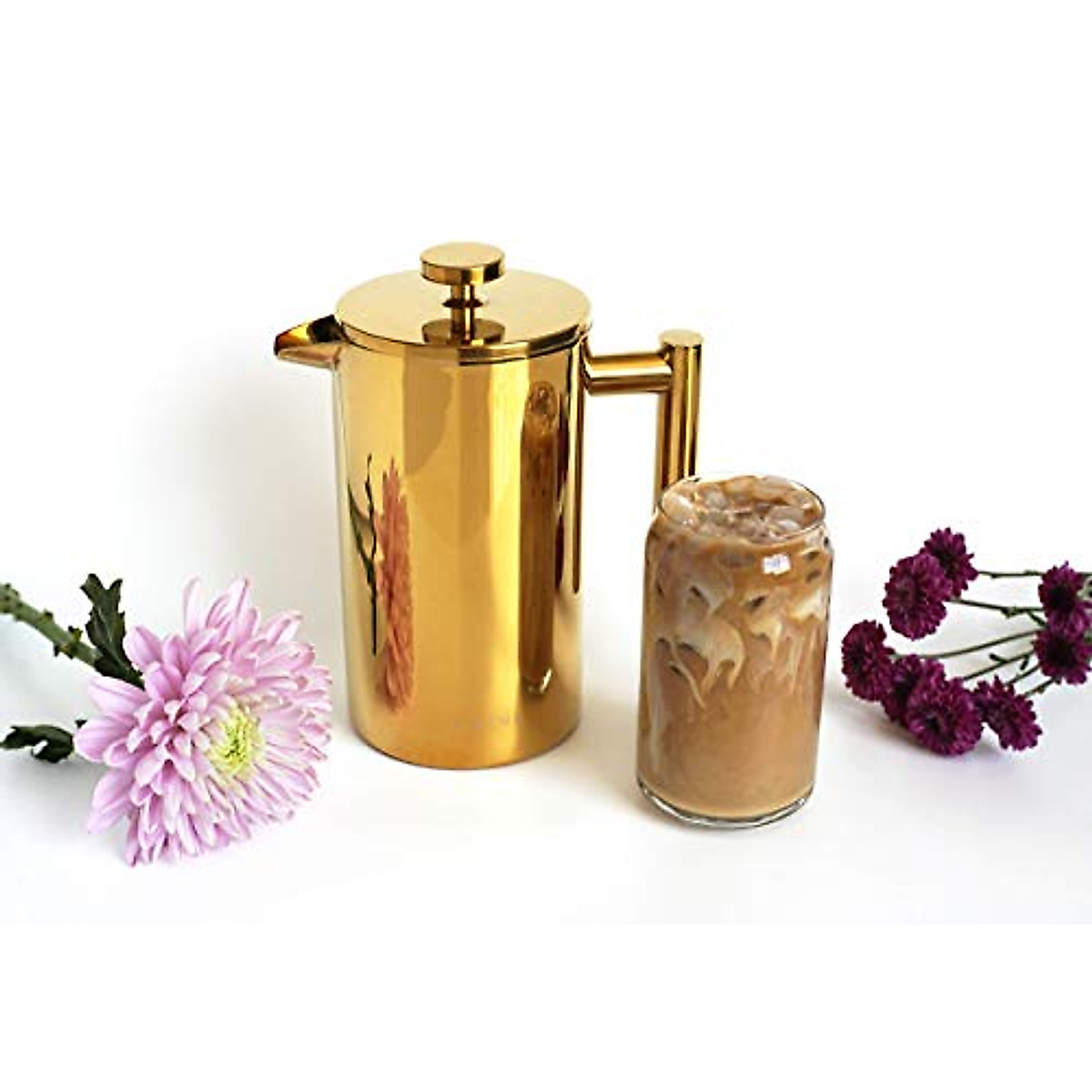 Vivine French Press Stainless Steel Double Walled Insulated Large 1L / 4 Cups of Coffee Lavish Gold Mirror Finish With Coffee Grounds Scoop 1 Tablespoon Dishwasher Safe