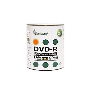 Smartbuy 100-disc 4.7gb/120min 16x DVD-R White Thermal Hub Printable Blank Media Recordable Disc
