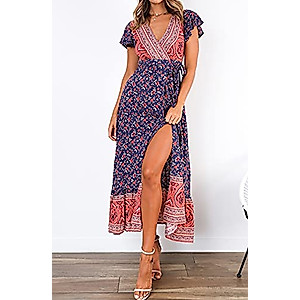 R.Vivimos Women's Summer Short Sleeve Floral Print Bohemian Beach Waist Tie Wrap Long Flowy Dress with Slit (XL, Dark Blue#2)