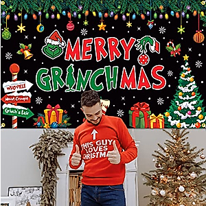 JKQ Merry Grinchmas Backdrop Banner 73 x 43 Inch Large Size Christmas Background Banner Xmas Party Decorations Christmas Holiday Baby Shower Birthday Indoor Outdoor Photo Booth Props