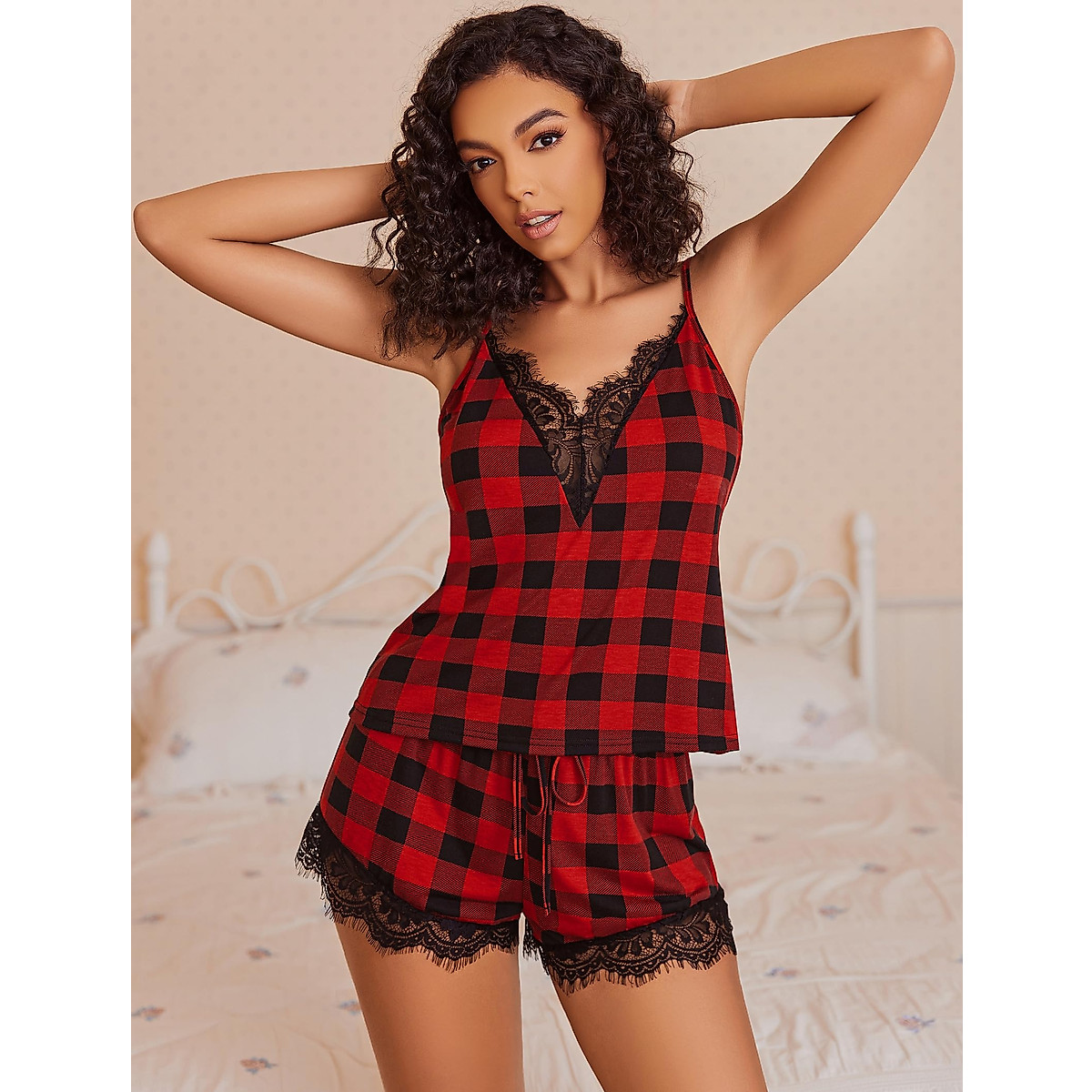 Avidlove Sexy Pajamas Cami Shorts Pj Set Two Piece Sleepwear Womens Christmas Pajamas (Red Plaid,M)