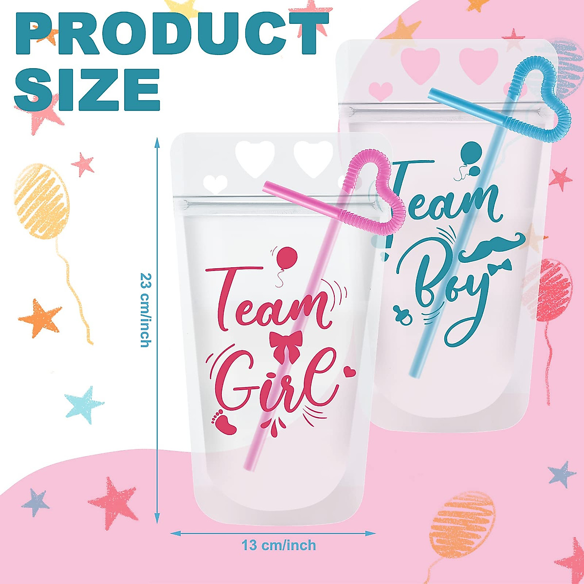 36 Pcs Gender Reveal Drink Pouch Cups with Straws Plastic Stand up Drink Pouch Bags Hand Held Translucent Reclosable Zipper Juice Pouches Team Boy Team Girl Gender Reveal Party, Pink and Blue, 17 oz