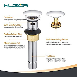 KUZOR 2 PCS Bathroom Sink Drain Assembly Pop Up Drain with Overflow Stainless Steel Chrome for Vessel Vanity with Detachable Built-in Anti-Clogging Strainer
