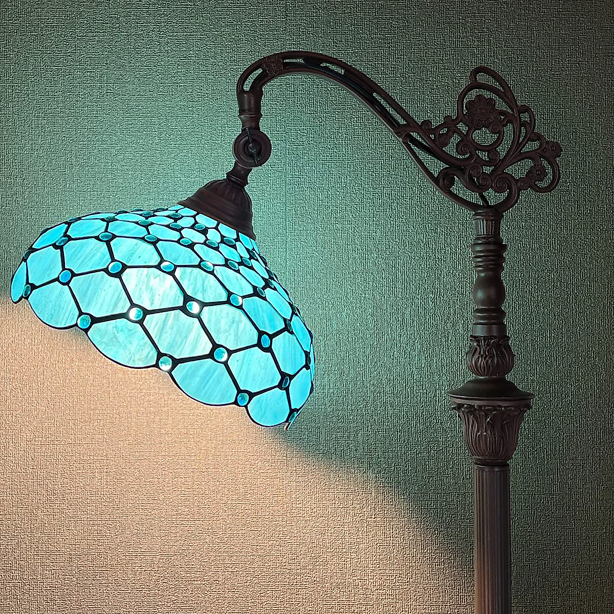 Thatyears Tiffany Floor Lamp Seagrass Blue Beads Style Gooseneck Arch Adjustable Corner Standing Reading Light Decor Bedroom Living Room Home Office