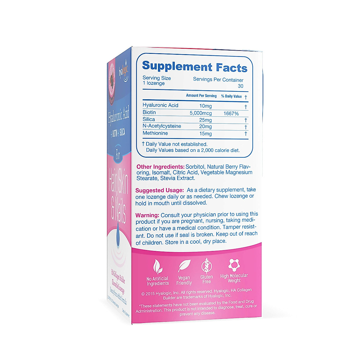 Hyalogic Hair Skin & Nails Hyaluronic Acid Collagen Builder – Delicious Berry Flavored Collagen Boost Chewable Lozenges – Sugar Free Vegan Collagen Ideal to Enhance Your Natural Beauty – 30 Count