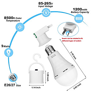 Ostwiki Emergency Rechargeable Light Bulbs,6 Pack Battery Operated Backup Light Bulb for Power Outage Camping Outdoor Hurricane 9W E27 8500K 1200mAh White Equivalent Self-Charging LED Light Bulbs