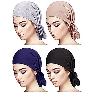 4 Pieces Slip-On Pre-Tied Head Scarves Women Headwear Turban Beanie Caps Head Wrap Headscarf for Women Girls (Grey, Camel, Navy Blue, Black)