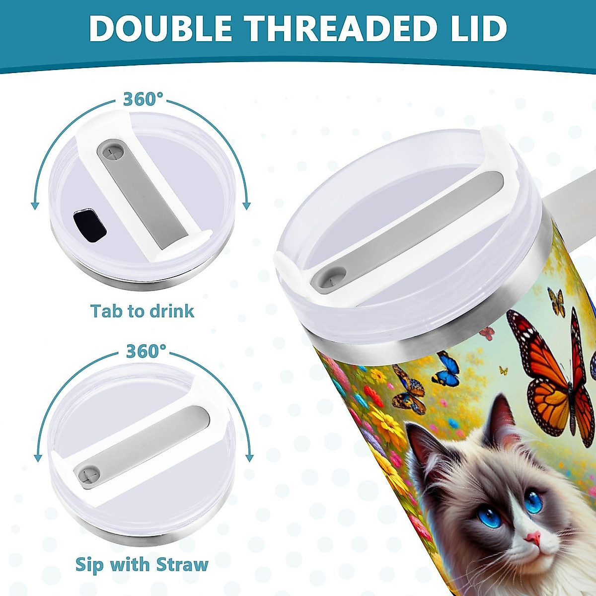ODAWA Butterfly Cat Insulated Tumbler 30 Oz Coffee Travel Mug with Handle and Straw Lid