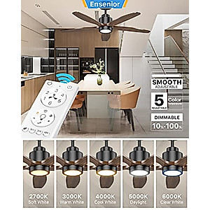 Ensenior 52” Ceiling Fan with Light Remote Control, 5CCT selectable, Dimmable, 1000 Lumens, 15W LED, 5 Wood Blades and Reversible DC Motor, for Bedroom and Living Room, Black, (338)