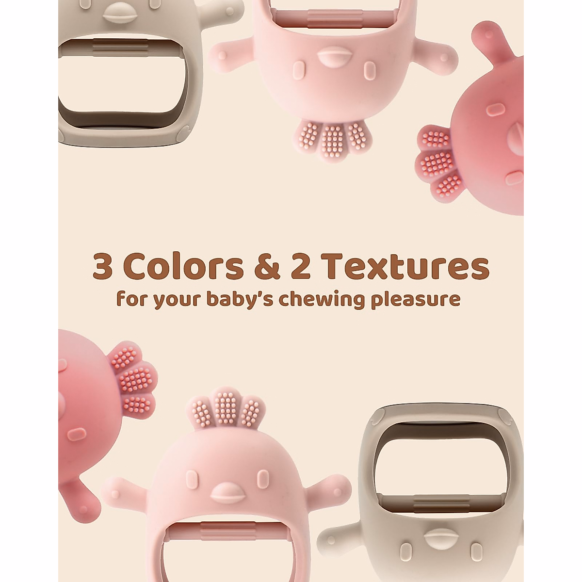 3 Packs Baby Teething Toy Silicone Teething Mitten for Babies Over 3 Months Anti Dropping Wrist Hand Teethers Baby Chew Toys for Sucking Needs, BPA Free (Pink, Caramel & Coral Red)