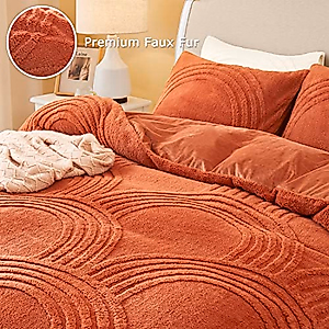 Oli Anderson Fluffy Duvet Cover Set, Faux Fur Rainbow Tufted Duvet Covers Queen Size, 3 Pieces Ultra Soft Warm Plush Comforter Cover Set, Orange (1 Duvet Cover + 2 Pillowcases)