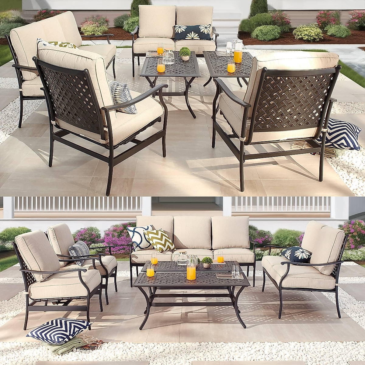 PatioFestival Patio Conversation Set 6 Pieces Metal Outdoor Furniture Seating Sets with Beige Thick Cushions, Rocking Chairs & Coffee Table & Loveseat