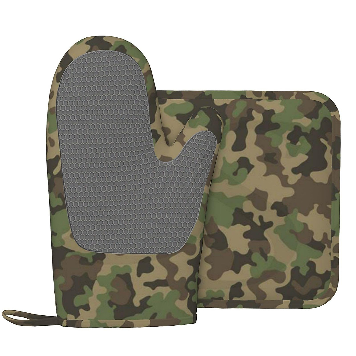 Green Camo Silicone Oven Mitts Pot Holder Sets 2pcs Cute Design Washable Non Slip Kitchen Heat Resistant Mat Women's Cooking Gloves for Baking and BBQ Wear