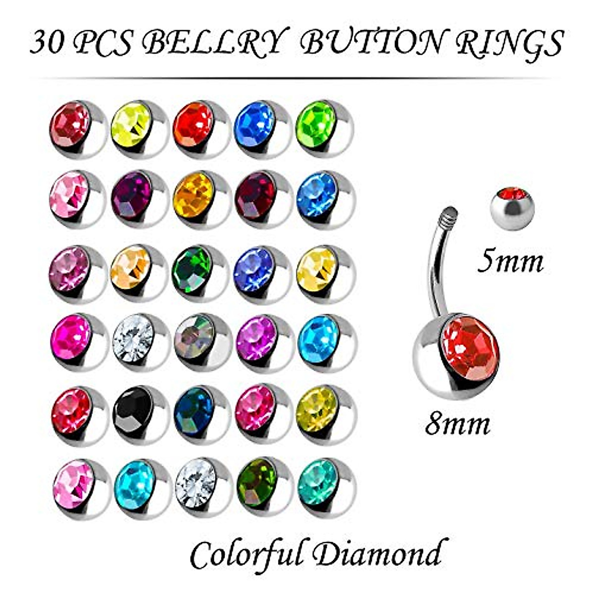 OMAIGAR Belly Button Rings 30 Pieces, Surgical Stainless Steel Belly Rings for Women with Colorful Crystal Diamonds, Body Piercing Navel Ring as Ideal Jewelry Set