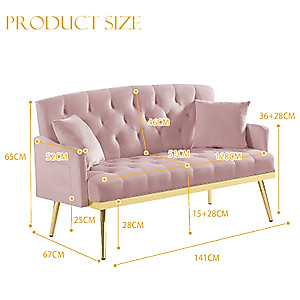 Antetek Upholstered Velvet Loveseat Sofa, Modern Small Sofa Couch with Side Pocket and Golden Metal Legs, Tufted Leisure Sofa for Living Room, Bedroom, Office, Pink
