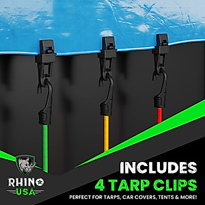 RHINO USA Bungee Cords with Hooks - Heavy Duty Outdoor 28pc Assortment with 4 Free Tarp Clips, Drawstring Organizer Bag, Canopy Ties & Ball Bungees
