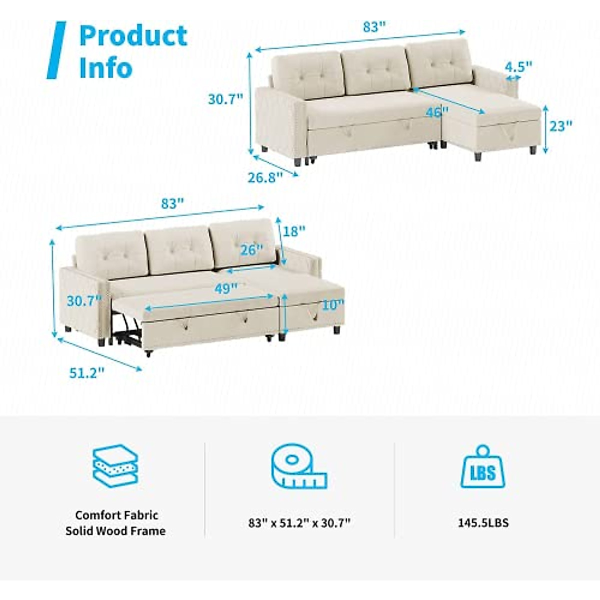Mjkone Pull Out Sofa Bed, Sectional Sleeper Sofa with Storage, 3 Seat Couch with Chaise Lounge, Velvet Couch with Pull Out Bed, L Shaped Sectional Sofa Couches for Living Room Apartment, Beige