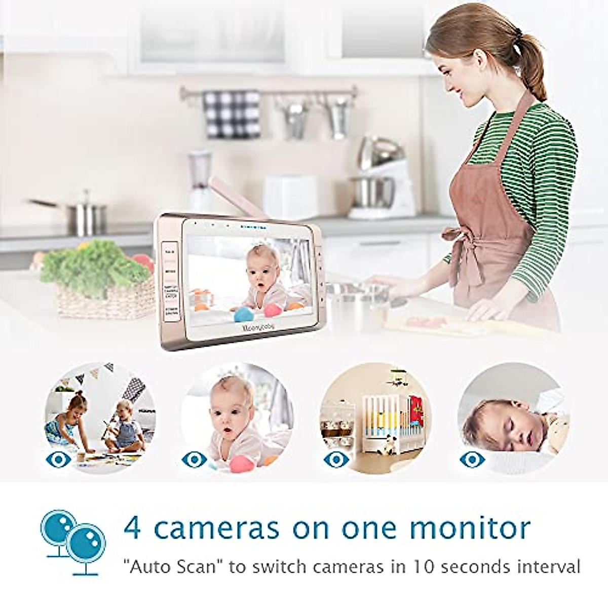 Moonybaby Trust 50s Baby Monitor No WiFi, 15 Hours Long Battery Life, 1000ft Long Range, 5" Display, Auto Night Vision, 2-Way Audio, Temperature Sensor, Lullabies, Power Saving/Voice Activation, Pink