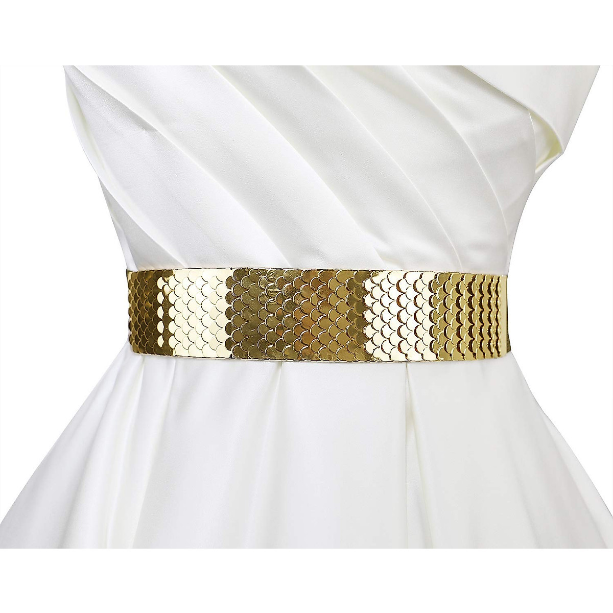 Bellady Fashion Women's Center-Scaled Texturized Metallic Stretch Belt,Gold