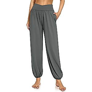 UEU Women's Harem Crossover High Waisted Flowy Pants Yoga Joggers with Pockets Lounge Pajamas Casual Loose Sweatpants MidGray XL