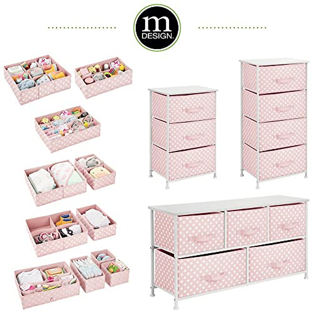 mDesign Fabric 8-Section Divider Drawer Organizer Bin for Baby Nursery Dresser, Closet, Shelf, Changing Table Organization, Hold Clothes, Toys, Diapers, Bib, Blanket - Pink/White Polka Dot