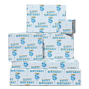 CENTRAL 23 Blue Wrapping Paper for Boys - Age Five - 6 Sheets Birthday Gift Wrap - Happy 5th Birthday Wrapping Paper - Comes With Stickers - Recyclable