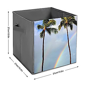 Rainbow Palm Trees PU Leather Collapsible Storage Bins Canvas Cube Organizer Basket with Handles