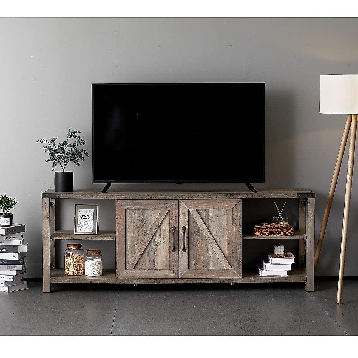 Newtour TV Stand Farmhouse Industrial Wood TV Console Entertainment Center for TV Up to 80 Inches Television Stands with Storage Cabinets and Adjustable Shelves, Rustic Wash Grey