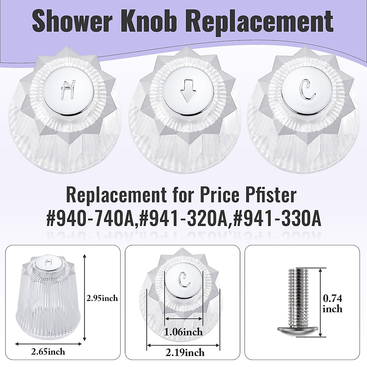 hansengroe Shower Knobs 3 Piece Replacement for Price Pfister Bathtub Faucet Handles, 12 Point Broach, Clear Acrylic Shower Handles Hot and Cold Replacement Kit Include Diverter