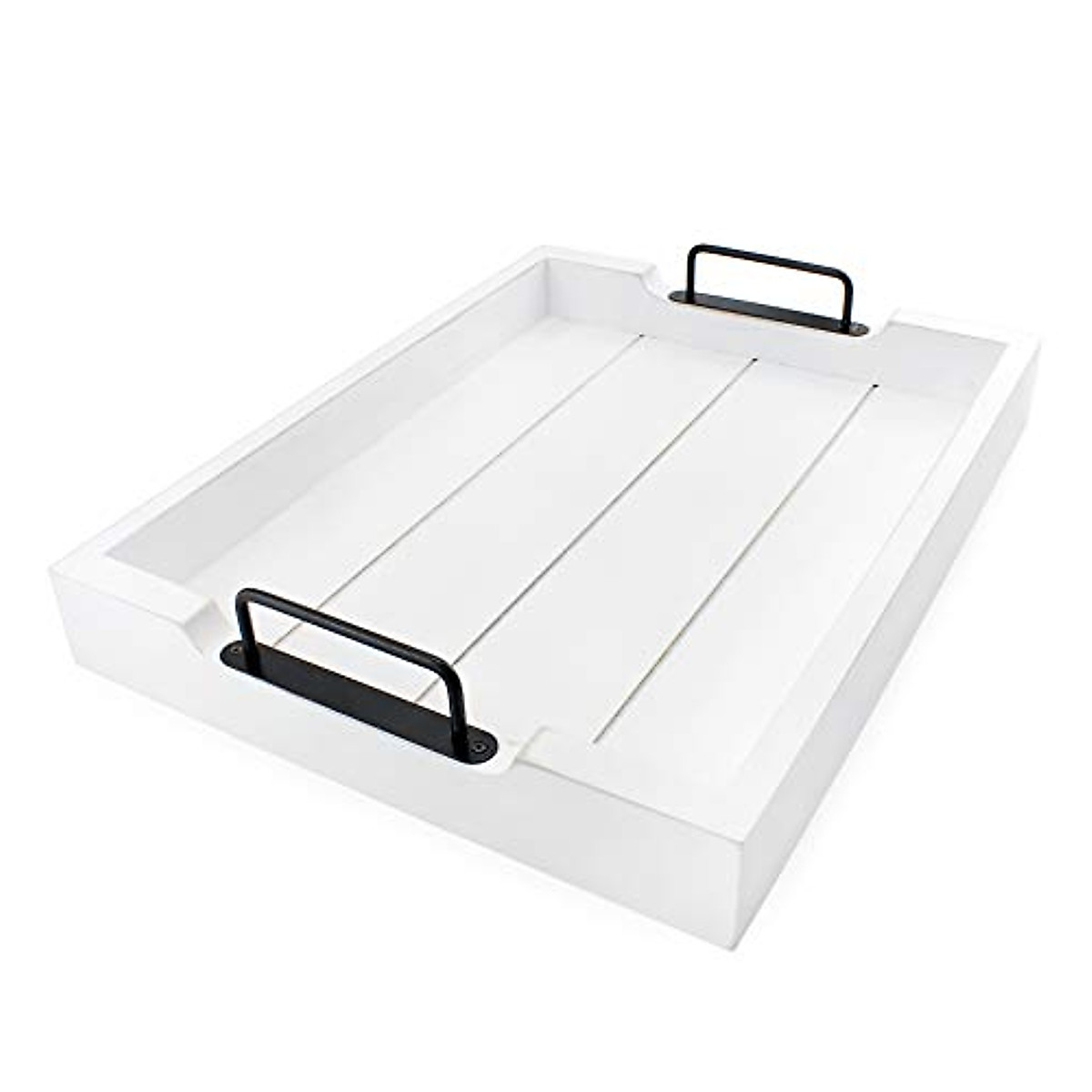 AuldHome Rustic Wood Serving Tray; White Wooden Farmhouse Shiplap Decorative Ottoman Tray with Black Metal Handles, 17 x 13 Inches
