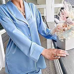 Womens Pajama Sets Silk Satin 3 Piece Sleepwear Cami Shorts and Long Sleeve Top Set Soft Comfy Loungewear, 3-blue-imitation Silk-3pcs