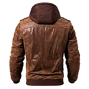 FLAVOR Men Brown Leather Motorcycle Jacket with Removable Hood (Large (US standard), Brown)