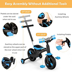BABY JOY 5 in 1 Toddler Tricycle, Folding Kids Trike Baby Balance Bike w/Adjustable Steering Push Handle, Removable Pedals & Detachable Auxiliary Wheels, Ride-on Toy for 18-60 Months Boys Girls, Blue