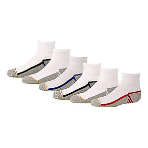 GOLDTOE Boy's Athletic Quarter Socks, 6-Pairs, White Assorted, Youth Small