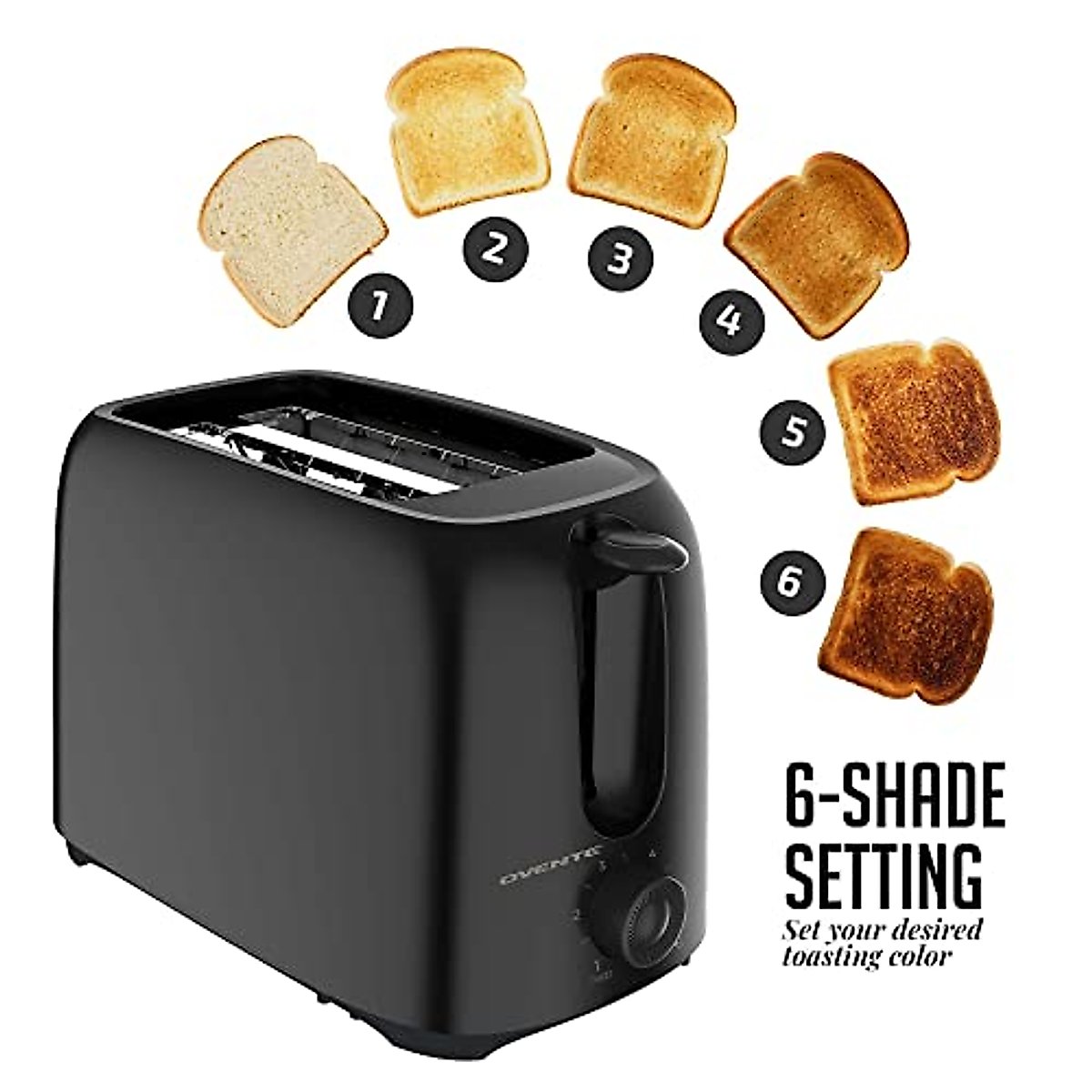 Ovente Electric 2-Slice Toaster Machine, 700W with 6-Shade Toast Setting, Removable Crumb Tray, Compact and Easy to Use, Perfect on Kitchen Countertop for Toasting Bread, Bagel & Waffle, Black TP2210B