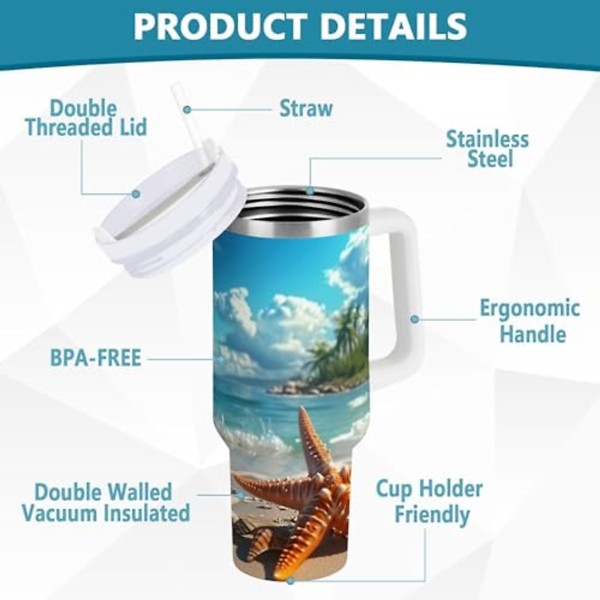 Jihqo Starfish on Seaside Beach 40 oz Stainless Steel Vacuum Insulated Tumbler with Handle and Straw Lid, Leakproof Water Bottle Double Wall Travel Mug Coffee Cup, Cupholder Friendly
