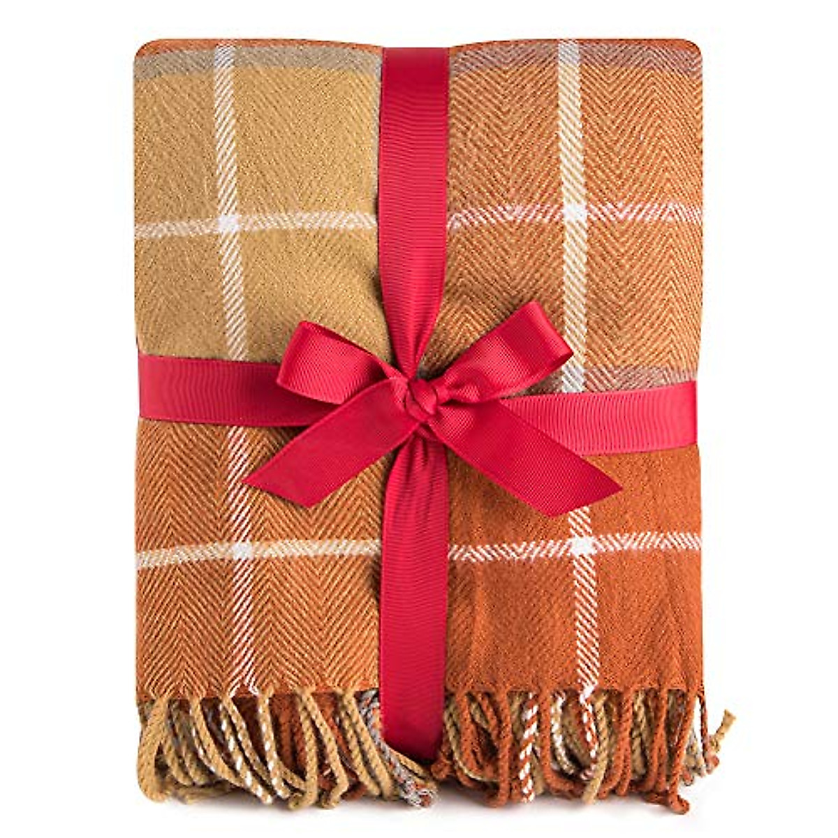 G Lake Orange Plaid Blanket Throw Acrylic Soft Reversible Dyed Fringed Bed Blanket Gift for Christmas Decorations 50" W x 67" L-Pumpkin Orange