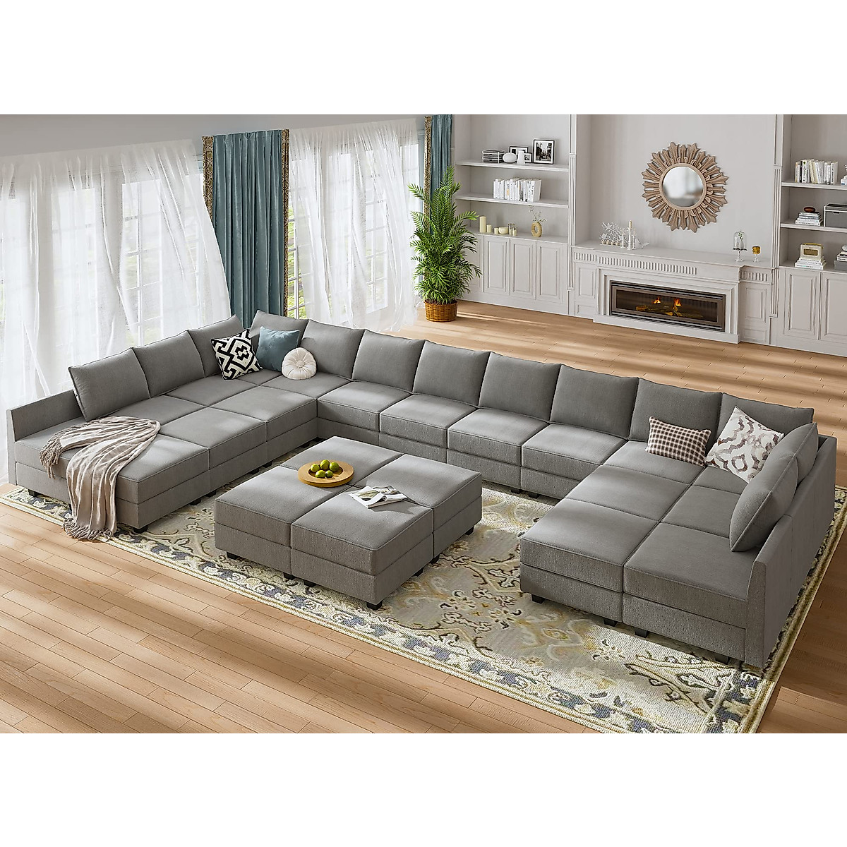 HONBAY Oversized Modular Sofa Couch with Ottoman U Shape Sectional Couch with Chaise Large Sleeper Modular Sectional Sofa with Storage Seats, Grey