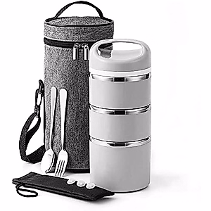 Lille Stackable Stainless Steel Thermal Compartment Lunch/Snack Box, 3-Tier Insulated Bento/Food Container with Lunch Bag, Fork & Spoon, Smart Diet, Weight Control, 43 OZ, Grey